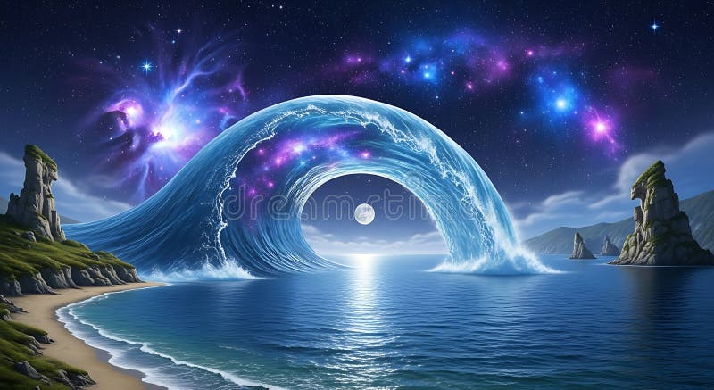 A Surreal Scene Featuring a Massive, Arching Wave with Space-themed ...