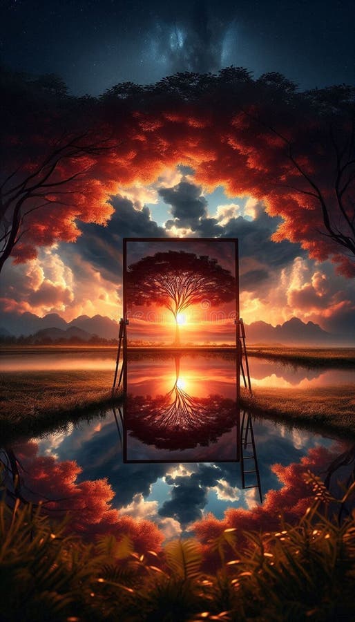 Surreal Scene of Sunset Over a Large Mirror Creating Illusion of Two ...