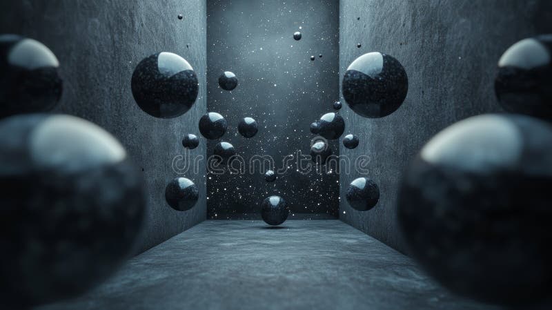 A Surreal Scene of Floating Black Spheres in a Dimly Lit Hallway ...