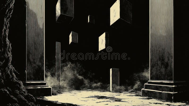 A Surreal Scene with Floating Cubes Amidst Ancient Pillars and Mist ...