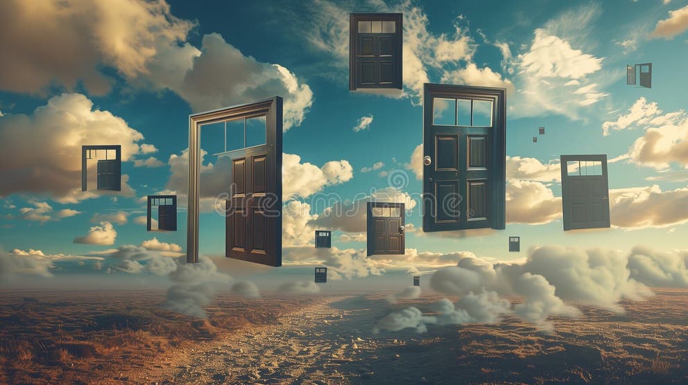 Surreal Scene with Floating Doors and Windows Stock Illustration ...