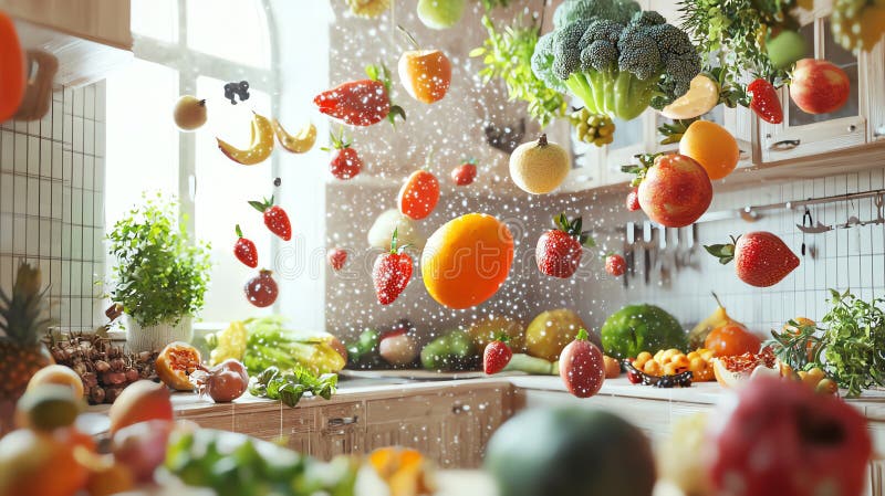 Surreal Scene of Floating Fruits and Vegetables in a Fantasy Kitchen ...