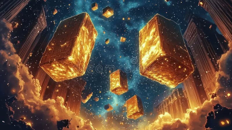 A Surreal Scene of Floating Golden Blocks Amidst a Starry Sky and ...