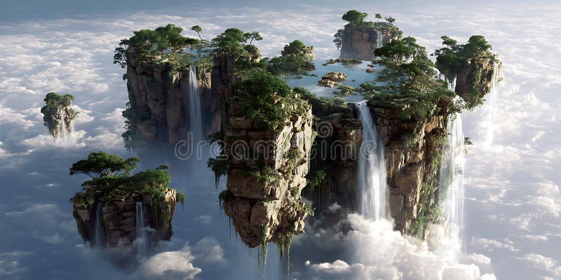 A Surreal Scene of Floating Islands with Waterfalls and Mist for ...