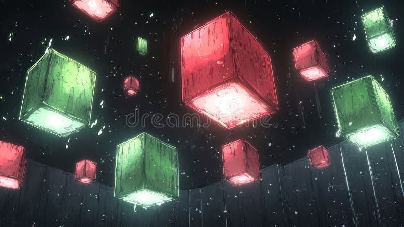 Glowing Cubic Lights Floating in Dark Space: Abstract 3D Render Stock ...