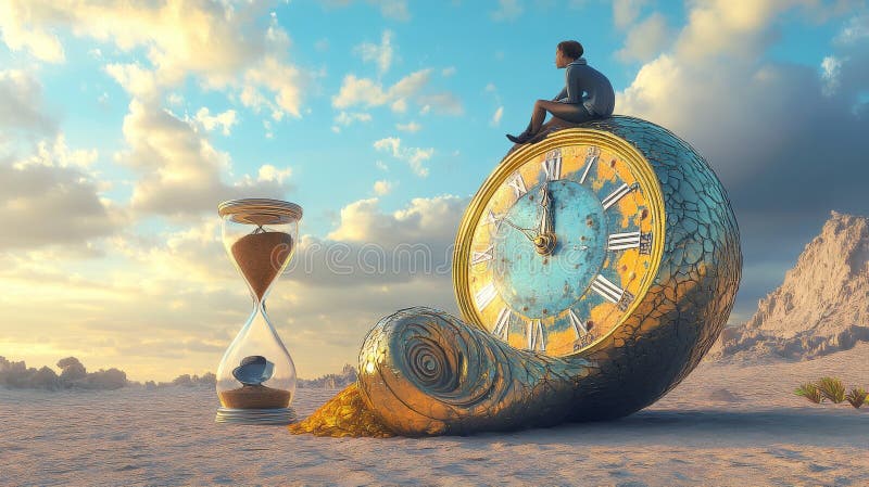 Surreal Scene of Giant Clock and Hourglass in Desert Stock Photo ...