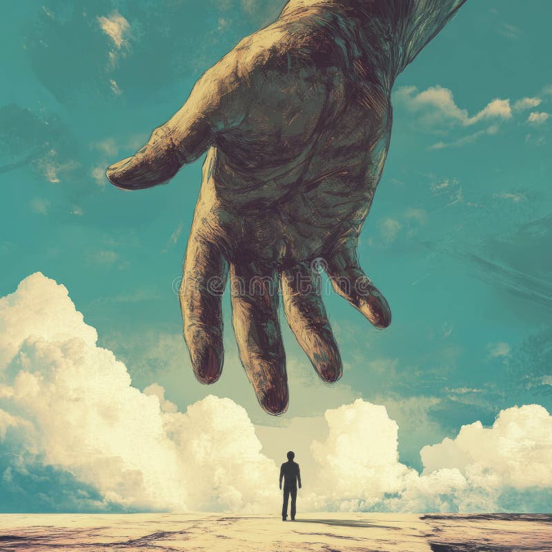 Surreal Scene of a Giant Hand Reaching for a Lone Figure Amidst ...