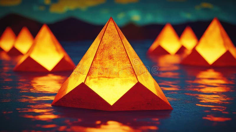 Illuminated Pyramid-Shaped Lanterns Floating on Water at Night Stock ...