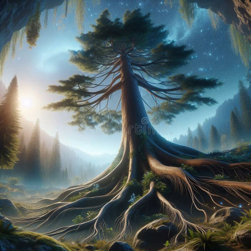 A Large Tree Grows in a Cave, Its Roots Spreading Across the Ground ...