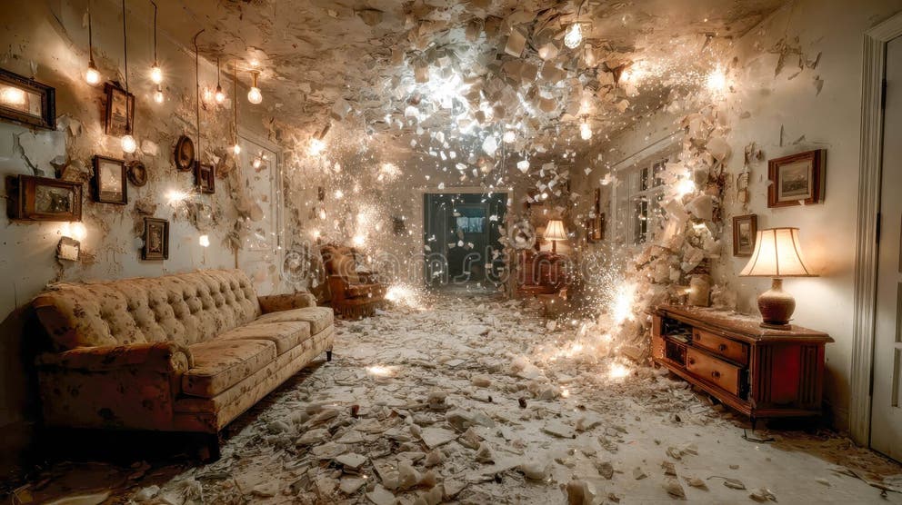 Surreal Scene of a Living Room with Light Bulbs Exploding and Debris ...