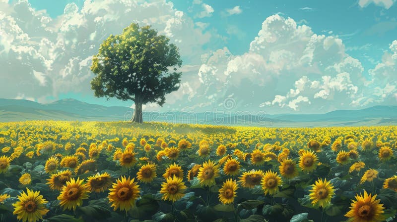 Surreal Scene of a Lone Tree Standing Amidst a Field of Blooming ...