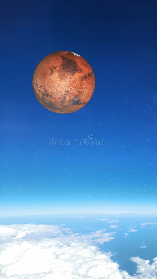 Surreal Scene with Mars Floating in the Sky Above Earth, Stars, Clouds ...