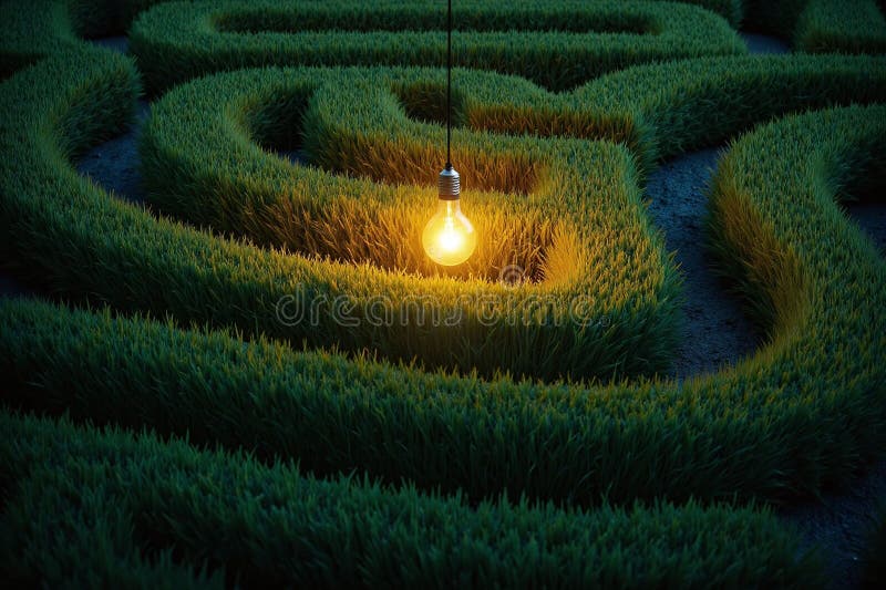 Surreal Scene Maze of Grass Glowing Light Bulb Stock Illustration ...