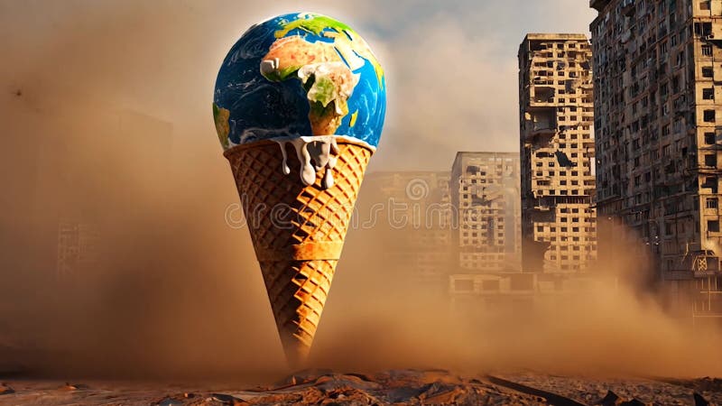 Surreal Scene of Melting Earth in Ice Cream Cone, Post Apocalyptic ...
