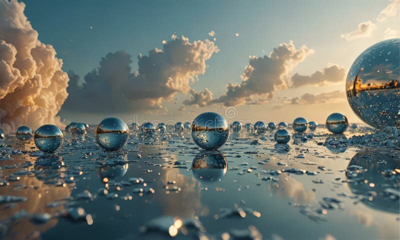Surreal Scene Numerous Spherical Objects, Some Reflecting the Sky and ...