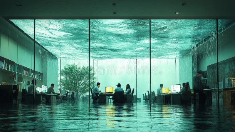 Submerged Office Interior with Water-filled Glass Ceiling Stock Image ...