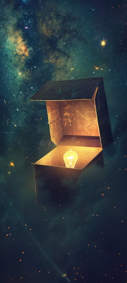 Surreal Scene of an Open Floating Mystery Box in Space Lightbulb Inside ...