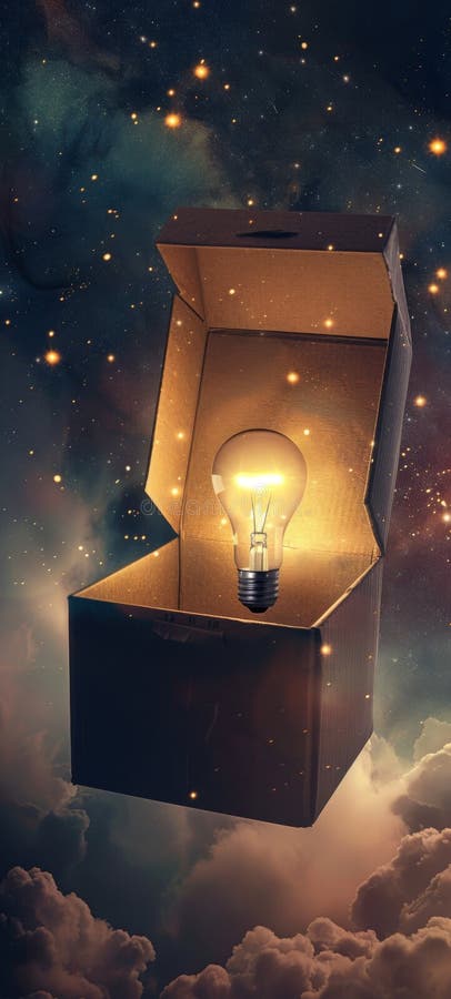 Surreal Scene of an Open Floating Mystery Box in Space Lightbulb Inside ...
