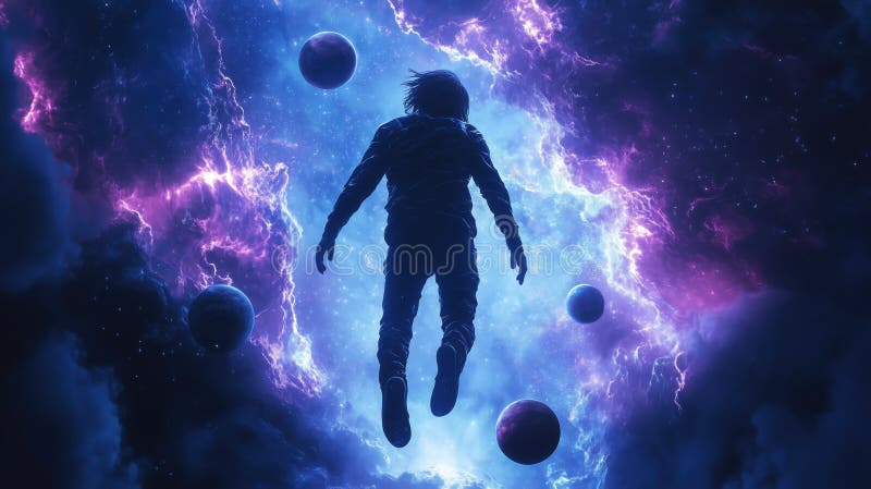Surreal Scene of Person Floating in Space Surrounded by Colorful ...