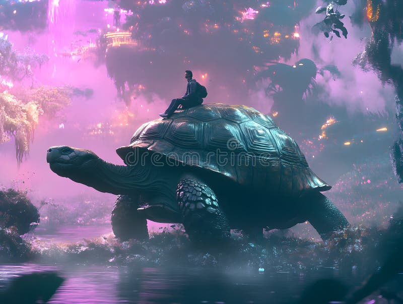 A Surreal Scene with a Person Riding a Giant Tortoise Stock ...