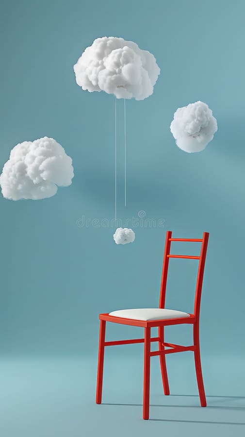 Surreal Scene with Red Chair and Floating Clouds in Minimalistic ...