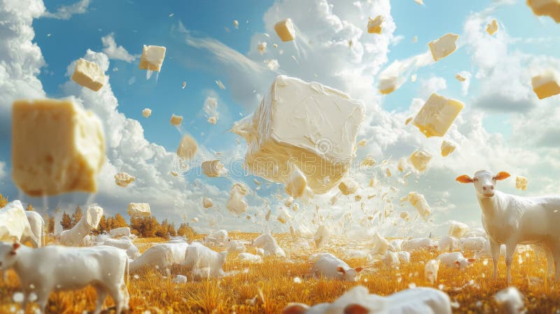 Surreal Scene of Sheep and Flying Cheese in Sunny Field Stock ...