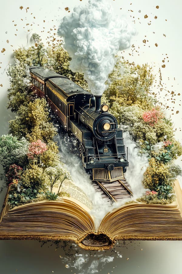 A Surreal Scene of a Steam Train Emerging from an Open Book Surrounded ...