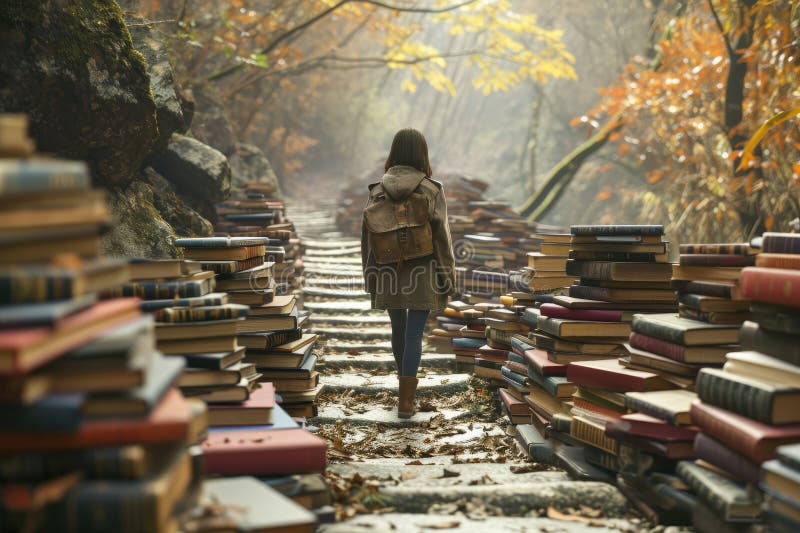 A Surreal Scene of a Student Walking on a Path Made of Books, Ai ...