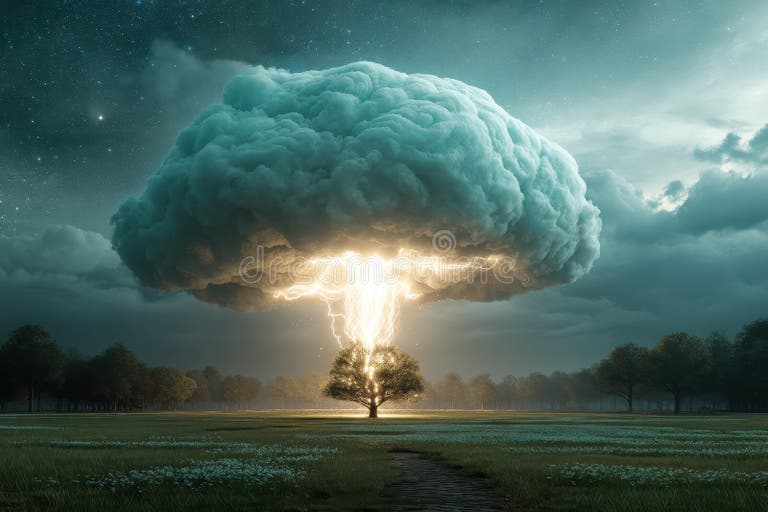 Surreal Scene of a Tree Shaped Like a Brain Under a Lightning Storm ...
