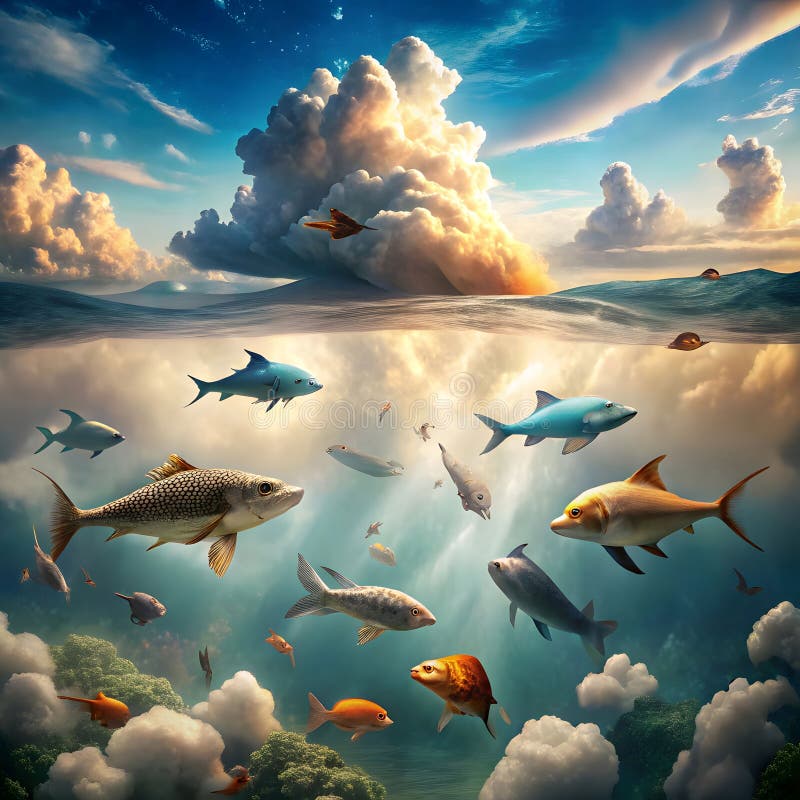 Surreal Underwater Creatures Swimming in the Sky with Realistic Clouds ...