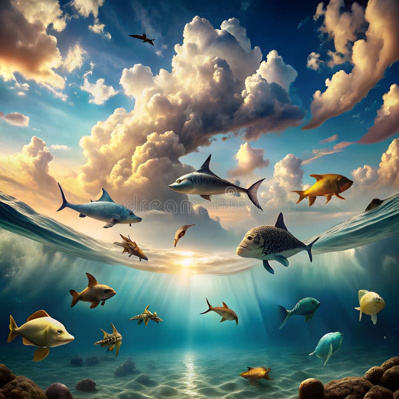 Surreal Underwater Creatures Swimming in the Sky with Realistic Clouds ...
