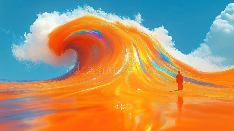 A Surreal Scene of a Vibrant Orange Wave with a Figure Standing in Awe ...