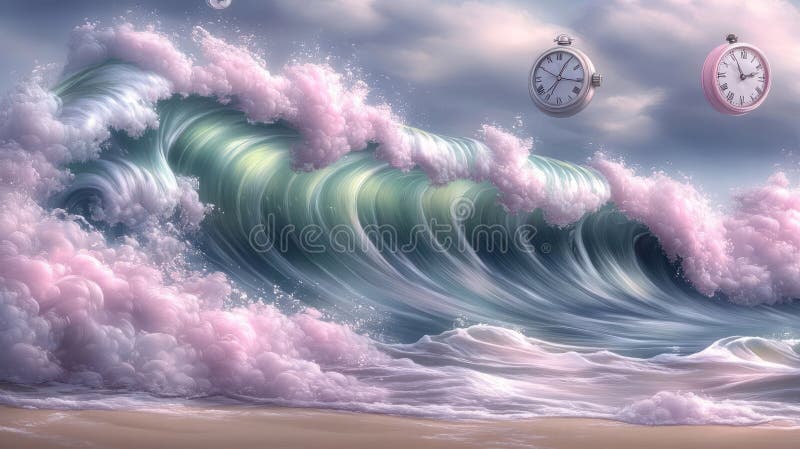A Surreal Scene of a Vibrant Wave with Floating Clocks, Symbolizing the ...