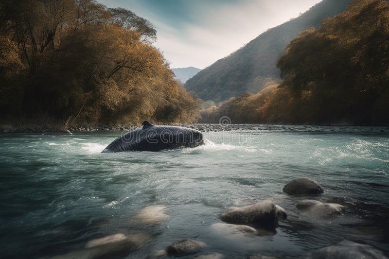 A Surreal Scene of a Whale Swimming in a River. Generative AI Stock ...