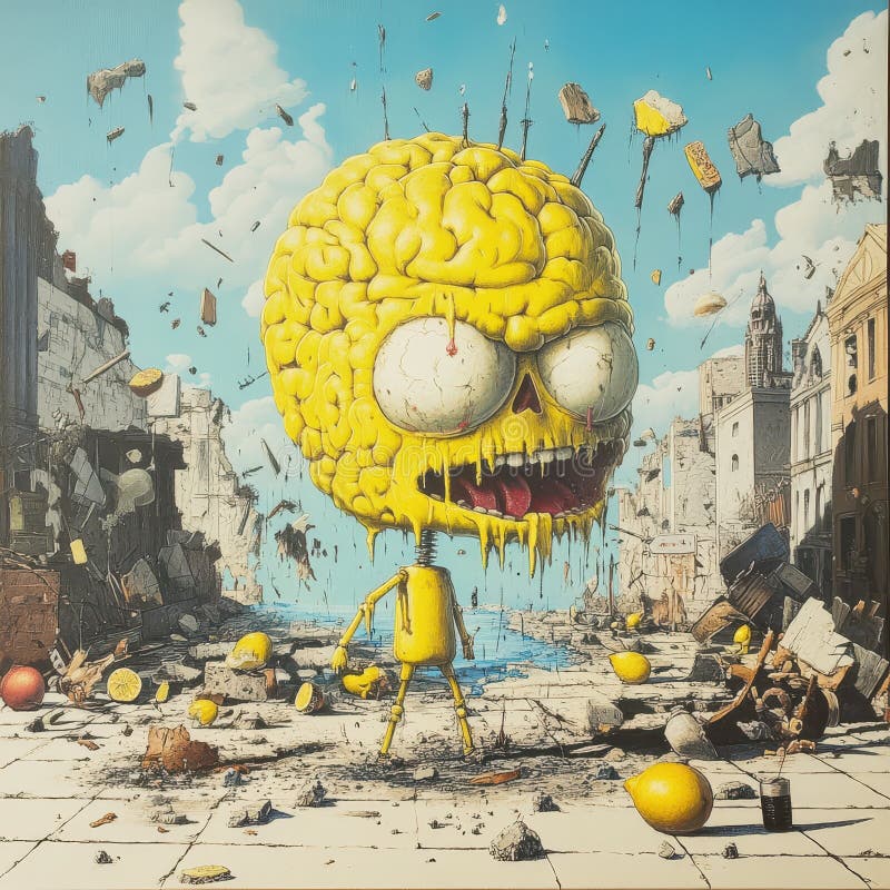 Surreal Scene of Yellow Brain-headed Character in Ruined City Stock ...