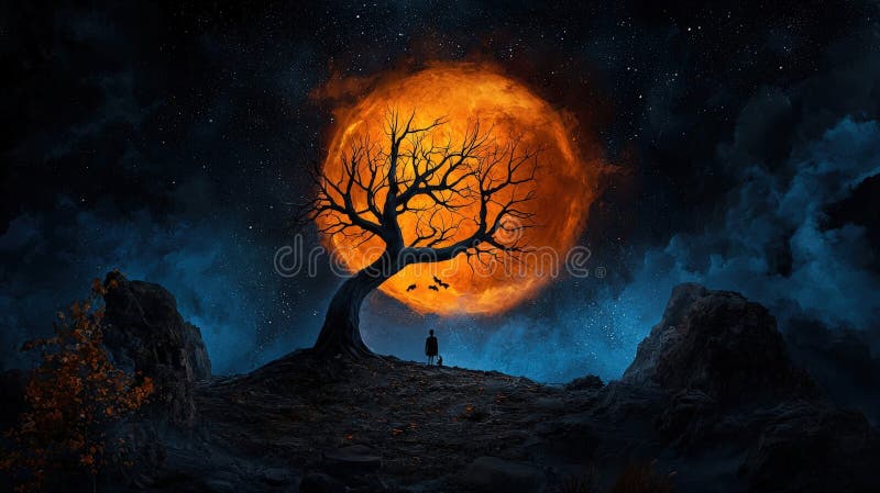 Surreal Scenery with a Lone Figure Tree and Glowing Moon Amidst Dark ...