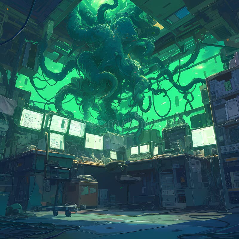 Surreal Sci-Fi Office with Ceiling Octopus Stock Illustration ...