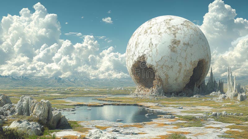 Mysterious Sci-Fi Landscape with Giant Ruins and Clouds Stock ...