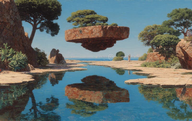 Surreal Seascape with Floating Rock Island Stock Illustration ...