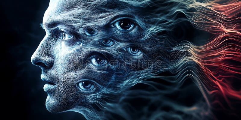 Surreal Side Profile of a Man with Multiple Eyes Blending into Flowing ...