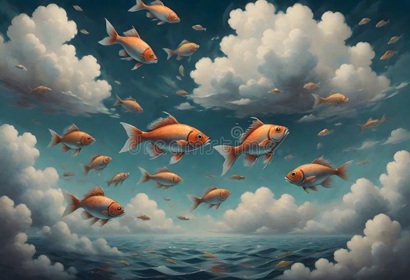 Surreal Sky, Goldfish Ascending through Clouds, Generative AI Stock ...
