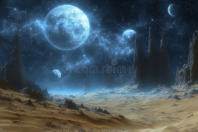 A Surreal Sky with Twin Moons Over Dunes. Stock Illustration ...