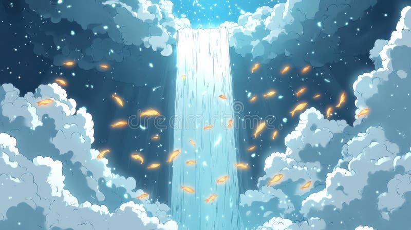 Surreal Sky Waterfall with Golden Fish Amidst Ethereal Clouds Stock ...