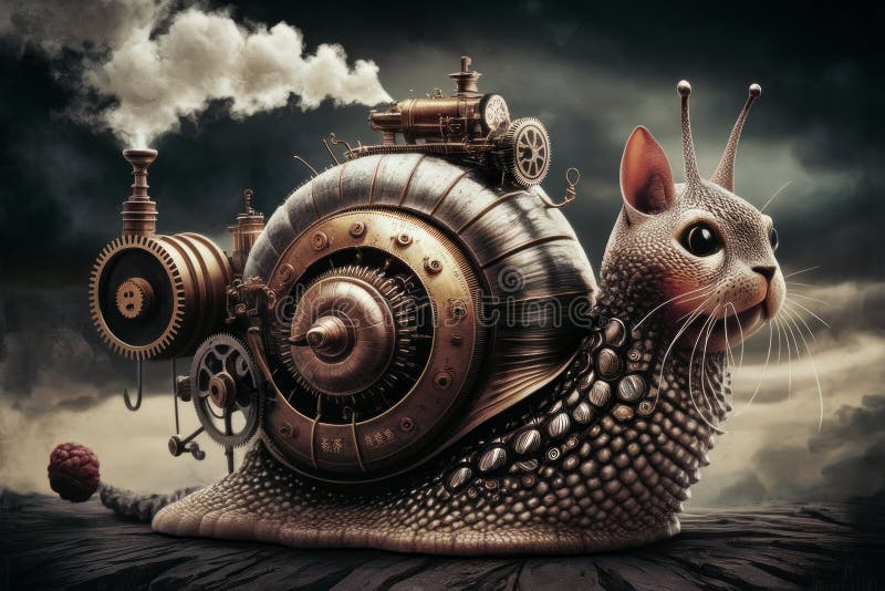 Surreal Snail with Steam Train Shell and Cat Face Under Moody Sky Stock ...