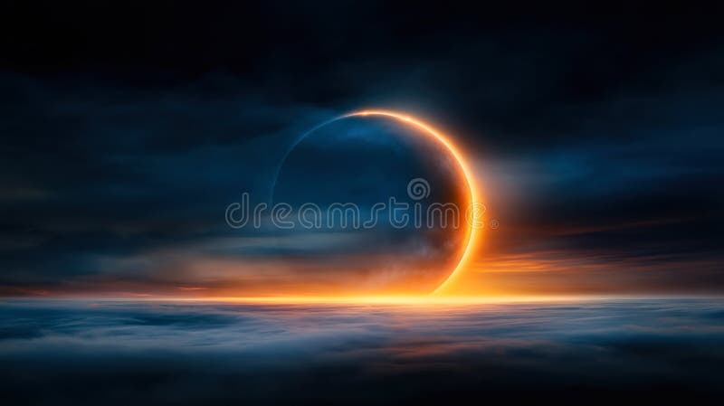Surreal Solar Eclipse Over Horizon with Dramatic Clouds and Vibrant ...