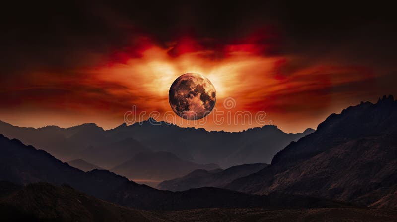 Surreal Solar Eclipse at Sunset Over Mountains. Mystical Eclipse ...
