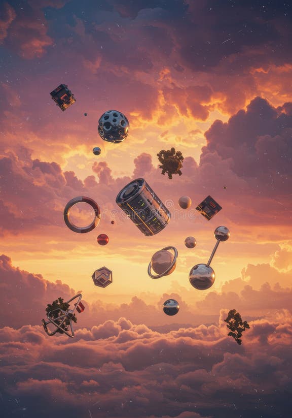 Surreal Space Objects Floating in Sunset Clouds Stock Image - Image of ...
