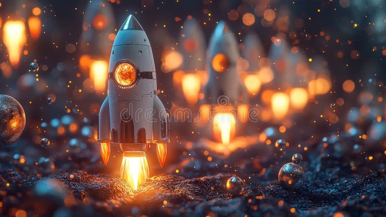 Surreal Space Rocket Taking Off from an Alien Surface, Illuminated by ...
