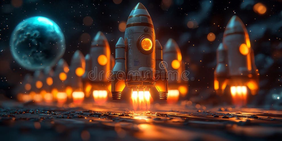 Surreal Space Rocket Taking Off from an Alien Surface, Illuminated by ...