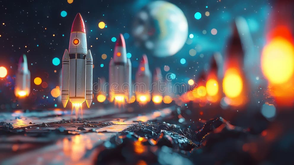 Surreal Space Rocket Taking Off from an Alien Surface, Illuminated by ...